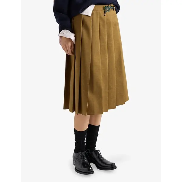Prada Pleated Wrap-front Hopsack-wool Midi Skirt