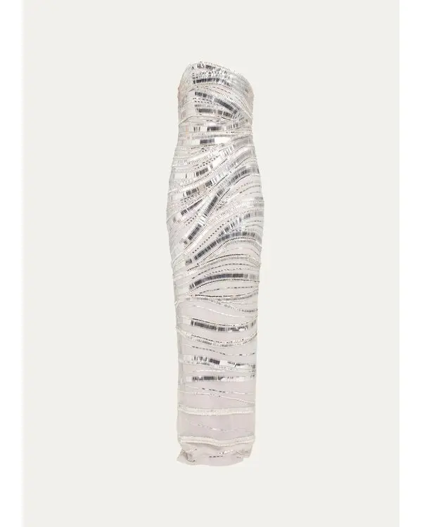Pamella Roland Wave Beaded Tulle Strapless Column Gown - Silver