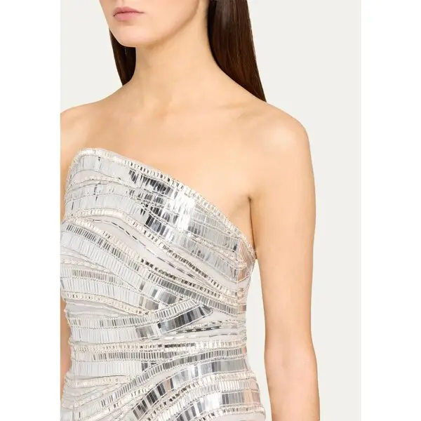 Pamella Roland Wave Beaded Tulle Strapless Column Gown