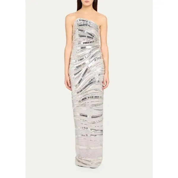 Pamella Roland Wave Beaded Tulle Strapless Column Gown