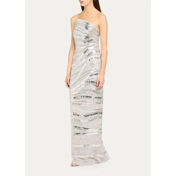 Pamella Roland Wave Beaded Tulle Strapless Column Gown