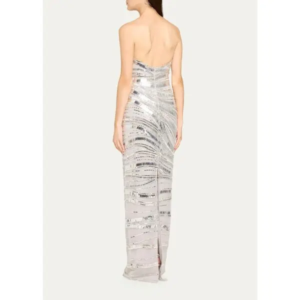 Pamella Roland Wave Beaded Tulle Strapless Column Gown