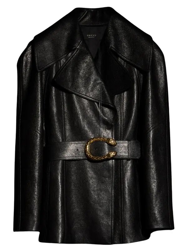 Gucci Soft Hammered Leather Trench Jacket With Detachable Belt - Black