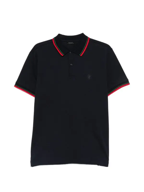 Gucci Logo Polo Shirt In Stretch Cotton Piqué With Web-motif Trim - Navy