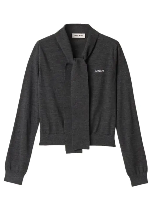 Miu Miu Miu Mini Logo Intarsia Wool Cardigan With Scarf Collar - Grey