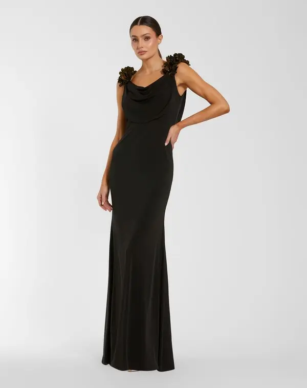 Mac Duggal Gold Cowl Neck Jersey Gown With 3d Flower Straps - Black