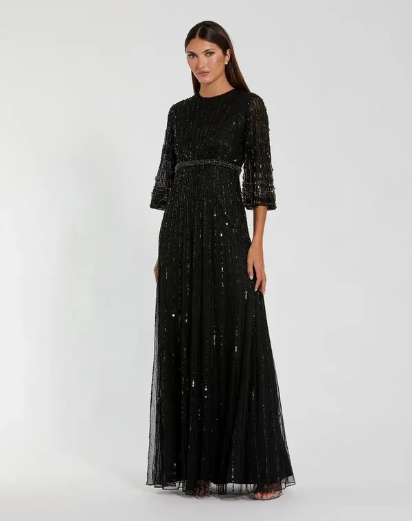 Mac Duggal Petite High Neck Embellished Gown With 3/4 Sleeves - Black