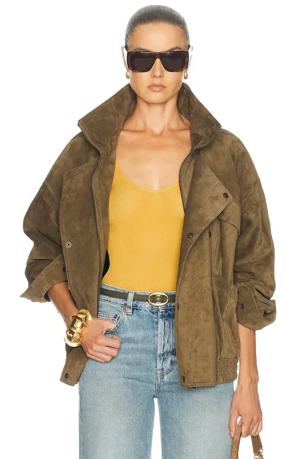 Saint Laurent Funnel Neck Jacket In Green - Vert Algue