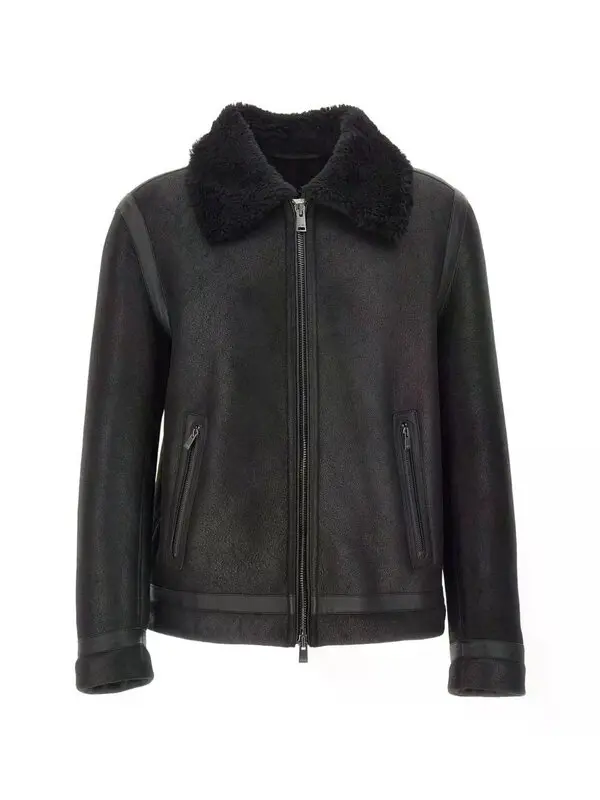 BOSS Grained Leather Jacket With Shearling Collar - Black