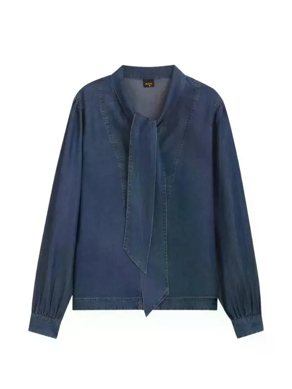 BOSS Denim-look Blouse With Scarf Detail - Blue