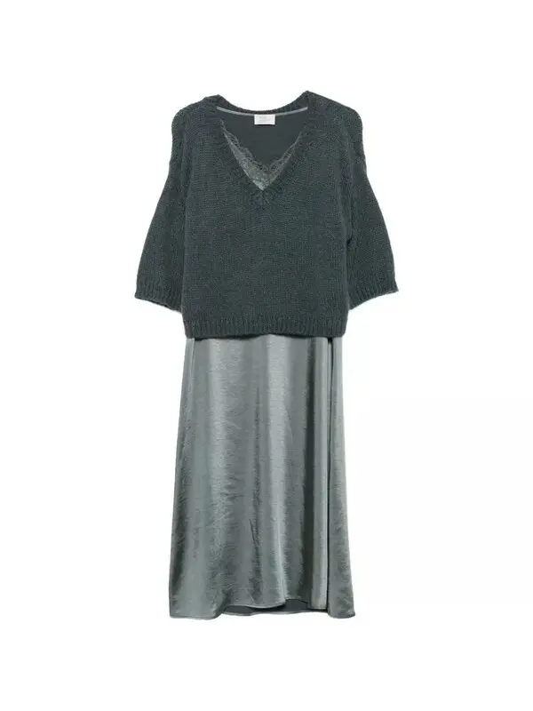 VERA MONT Lace-trim Satin-finish Midi Dress - Green
