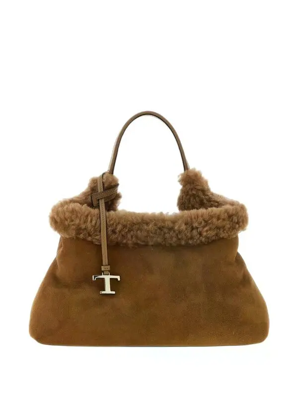 TOD'S T Timeless Shearling-trim Tote Bag - Brown