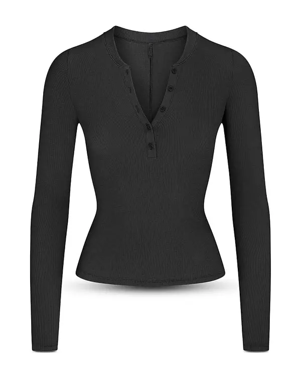 SKIMS Ribbed Cotton Blend Henley Top - Soot