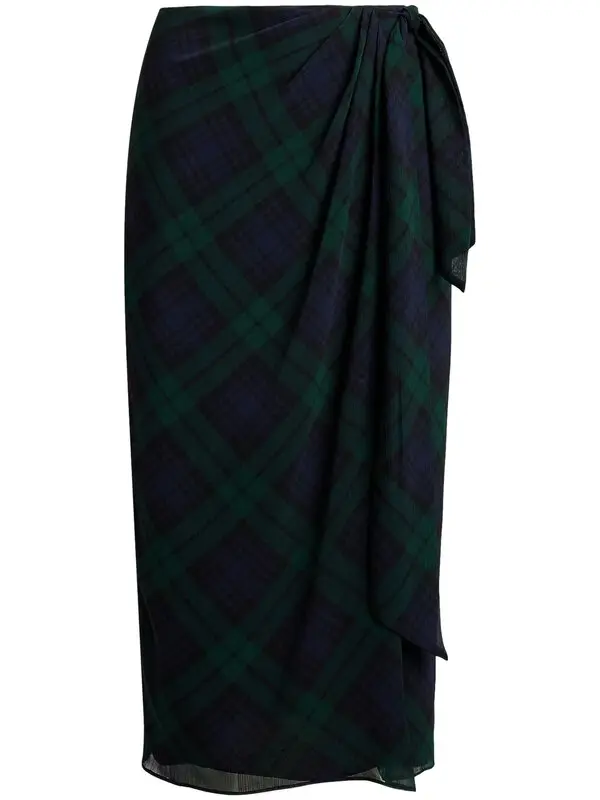 Ralph Lauren Plaid Tie-front Georgette Midi Skirt - Green