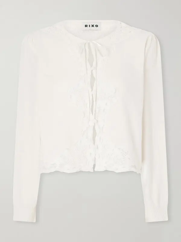 Rixo Tassia Bow-detailed Lace-trimmed Wool And Cashmere-blend Cardigan - Neutrals