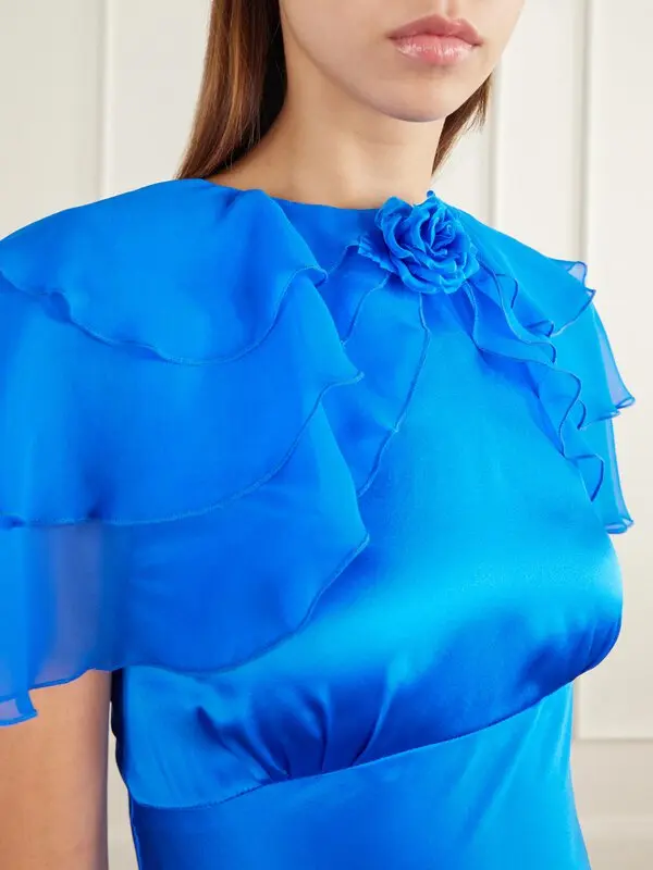 RODARTE Ruffled Cape-effect Floral-appliquéd Silk-satin Midi Dress