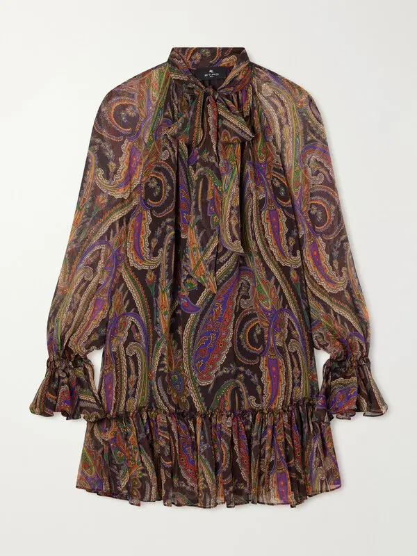 Etro Pussy-bow Gathered Paisley-print Silk-chiffon Mini Dress - Multi