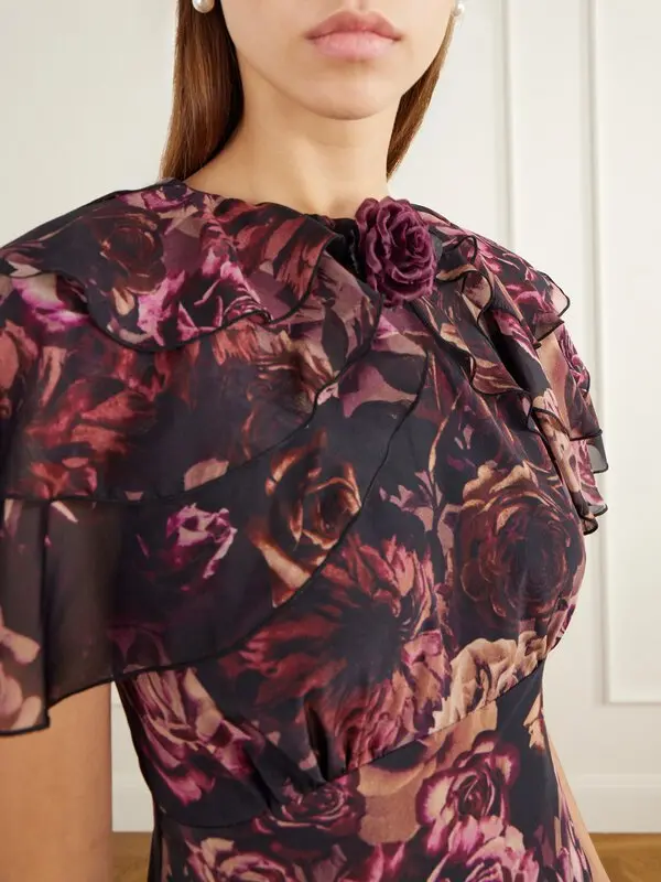 RODARTE Ruffled Cape-effect Floral-print Silk-chiffon Maxi Dress