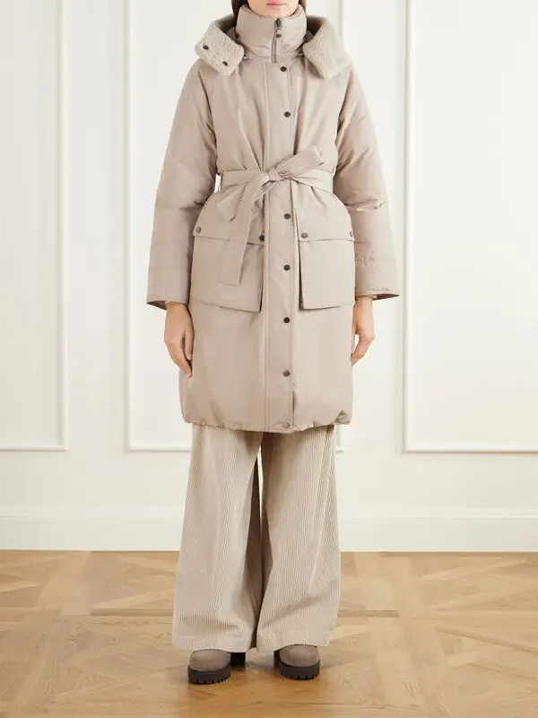 Brunello Cucinelli Hooded Belted Plush-trimmed Cotton-blend Shell Down Coat