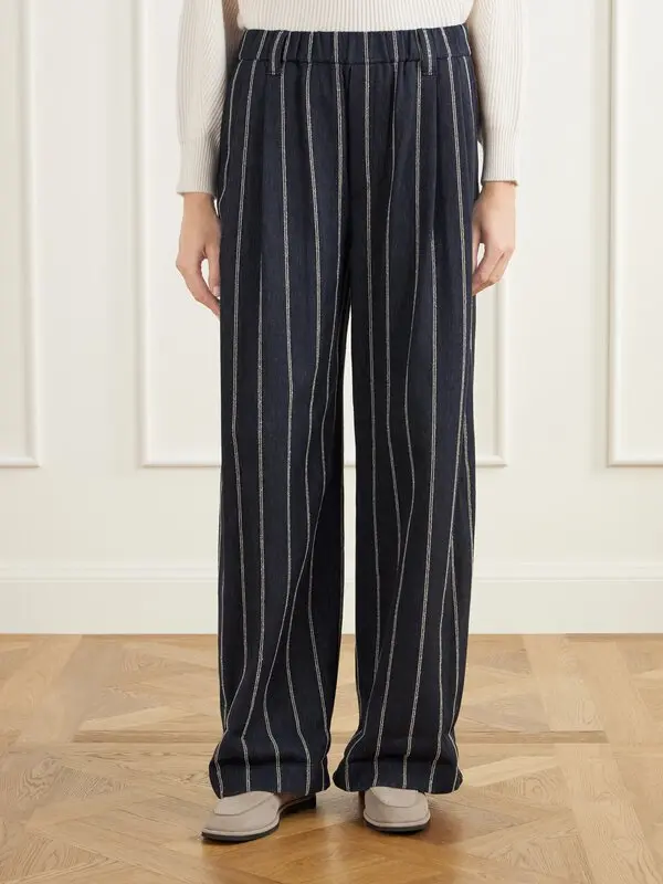 Brunello Cucinelli Pleated Pinstriped Cotton-blend Twill Wide-leg Pants - Blue