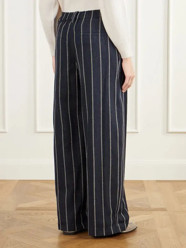 Brunello Cucinelli Pleated Pinstriped Cotton-blend Twill Wide-leg Pants - Blue