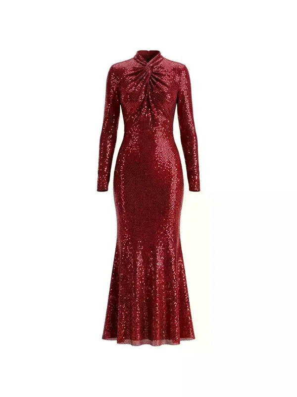 SELF-PORTRAIT Rhinestone Mesh Twist Midi Dress - Red