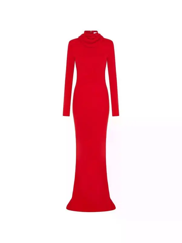 16Arlington Foyle Draped-neck Long-sleeved Bodycon Maxi Gown Dress - Red