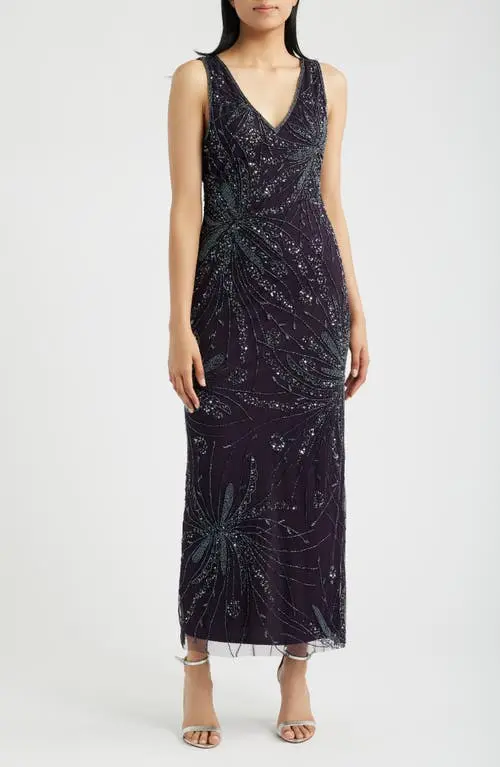 Pisarro Nights Star Burst Beaded Sleeveless Gown