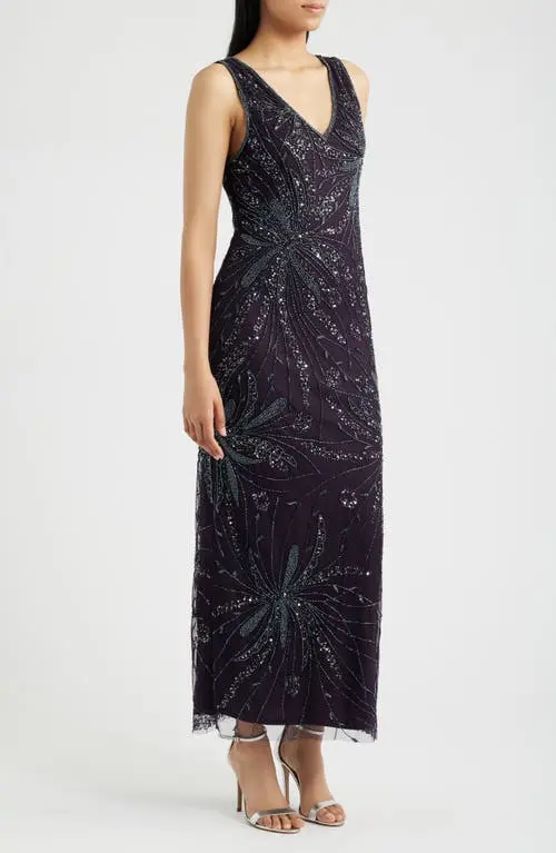 Pisarro Nights Star Burst Beaded Sleeveless Gown