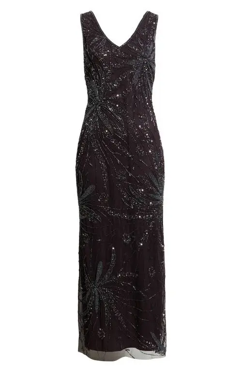 Pisarro Nights Star Burst Beaded Sleeveless Gown