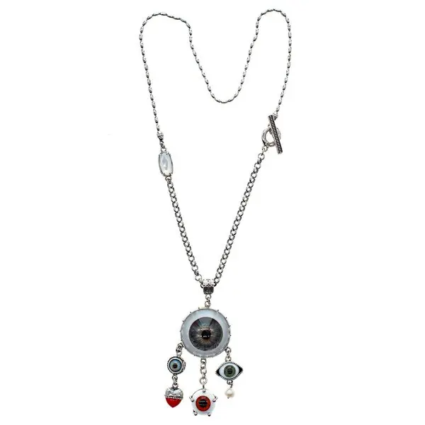 GEM KINGDOM Eye Love You Glass Eye Pendant Necklace - Silver