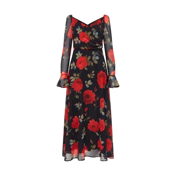 SOUR FIGS Floral Long-sleeve Maxi Dress In Midnight Rose Black