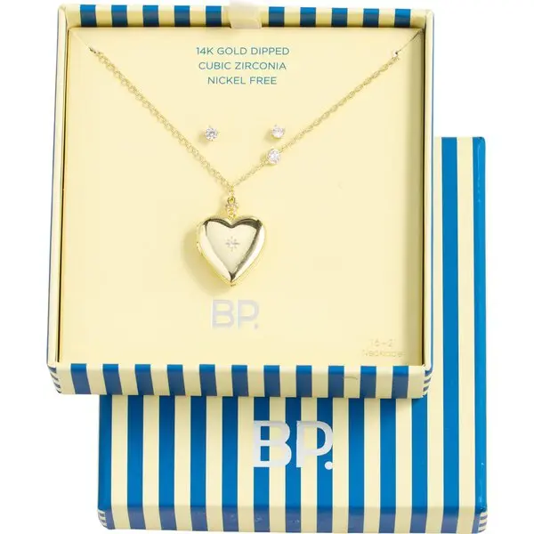 Bp. Heart Locket & Cubic Zirconia Stud Set - 14k Gold Dipped