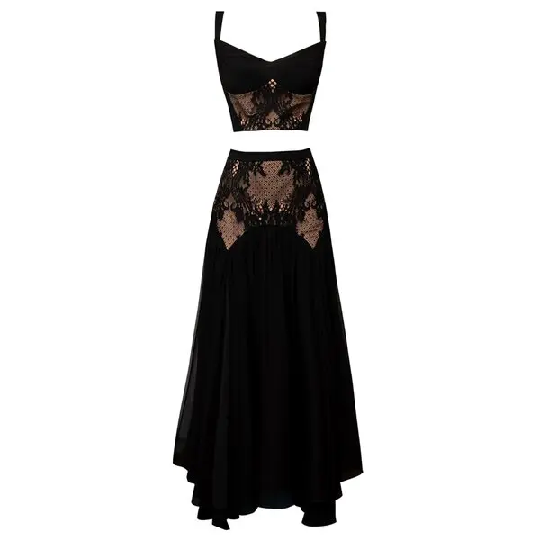 ALINA CERNATESCU Neutrals Davina Two-piece Black And Beige Silk Set With Eyelet-closure Corset Top - Beige/black