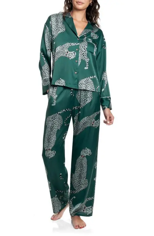 MIDNIGHT BAKERY Satin Notch Lapel Pajamas - Emerald