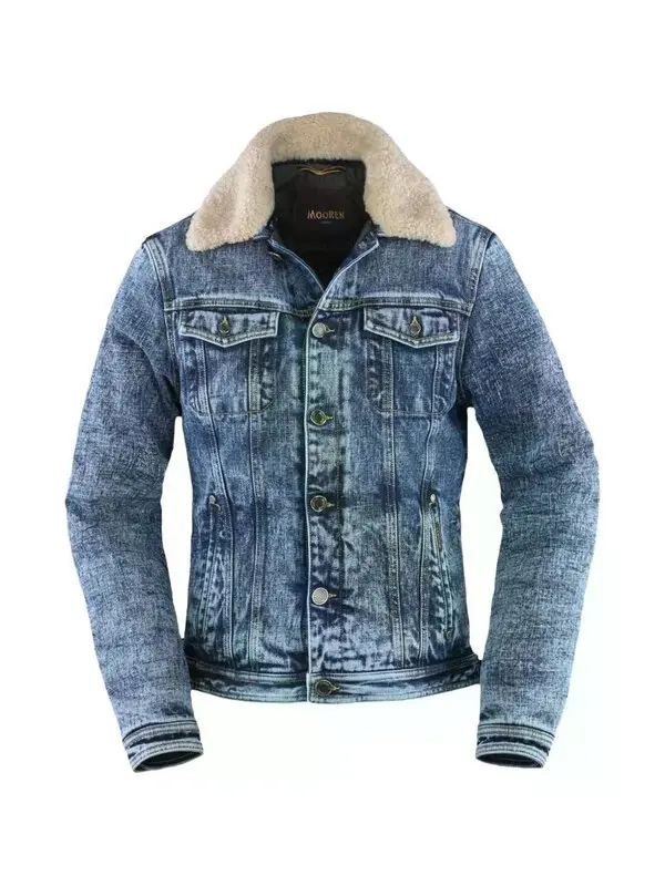 MOORER Marbled Shearling-collar Denim Jacket