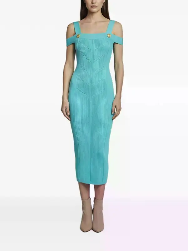 Balmain Cold-shoulder Rib-knit Midi Dress
