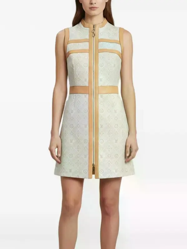 LOUIS VUITTON Monogram Jacquard Leather-trim A-line Mini Dress - Neutrals