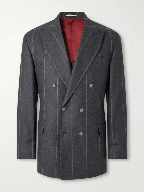 Brunello Cucinelli Double-breasted Pinstriped Wool, Cashmere And Silk-blend Flannel Suit Jacket
