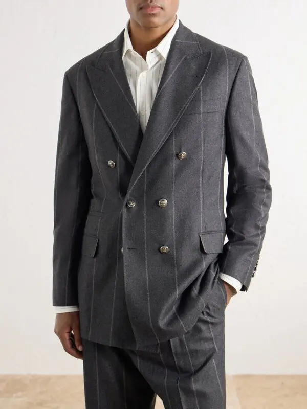 Brunello Cucinelli Double-breasted Pinstriped Wool, Cashmere And Silk-blend Flannel Suit Jacket