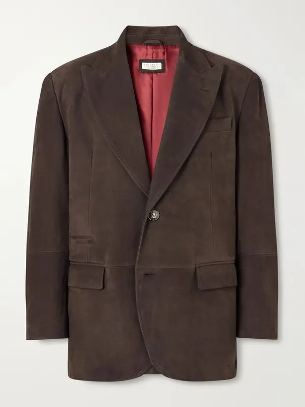 Brunello Cucinelli Paneled Pintucked Suede Blazer - Brown