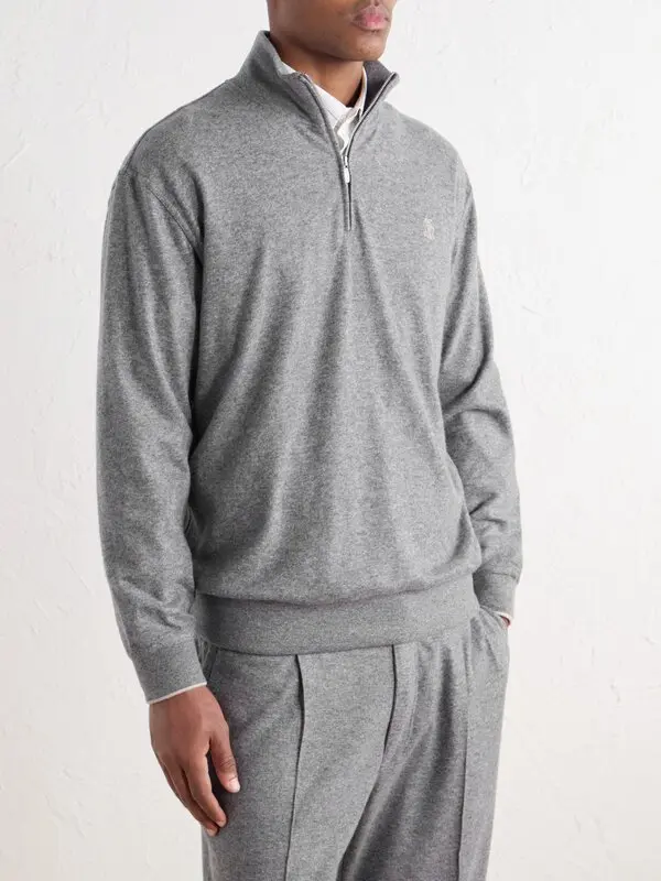 Brunello Cucinelli Logo-embroidered Cashmere Half-zip Sweater - Gray