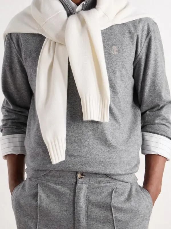 Brunello Cucinelli Logo-embroidered Cashmere Half-zip Sweater - Gray