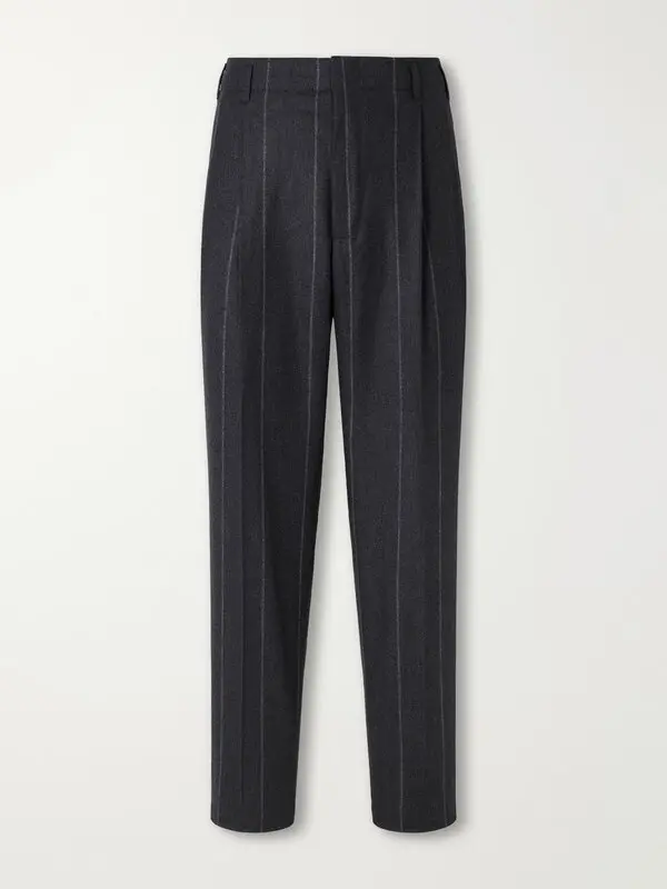 Brunello Cucinelli Straight-leg Pinstriped Pleated Wool, Silk And Cashmere-blend Flannel Suit Trousers - Gray