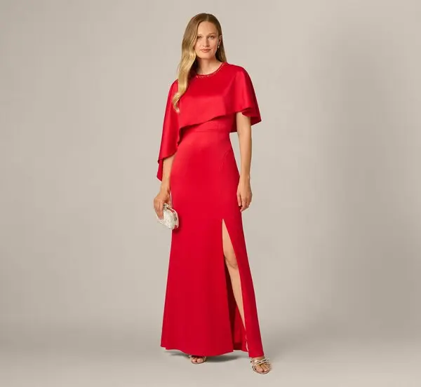 Adrianna Papell Satin Beaded Collar Asymmetrical Cape Gown - Red