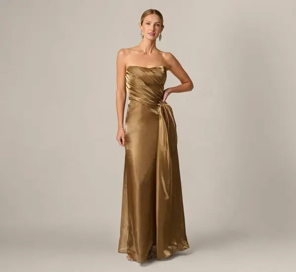 Aidan Mattox Strapless Liquid Organza Draped Gown - Gold