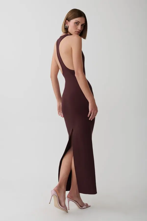 Meshki Darla Deep V Knit Maxi Dress - Brown