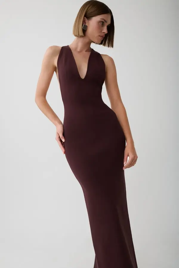 Meshki Darla Deep V Knit Maxi Dress - Chocolate