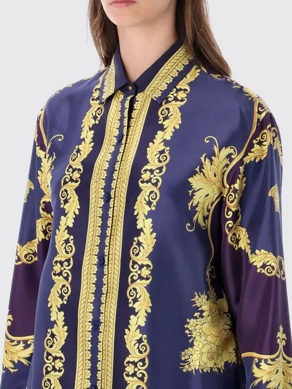 Versace Baroque Print Pure Silk Long-sleeved Shirt - Blue