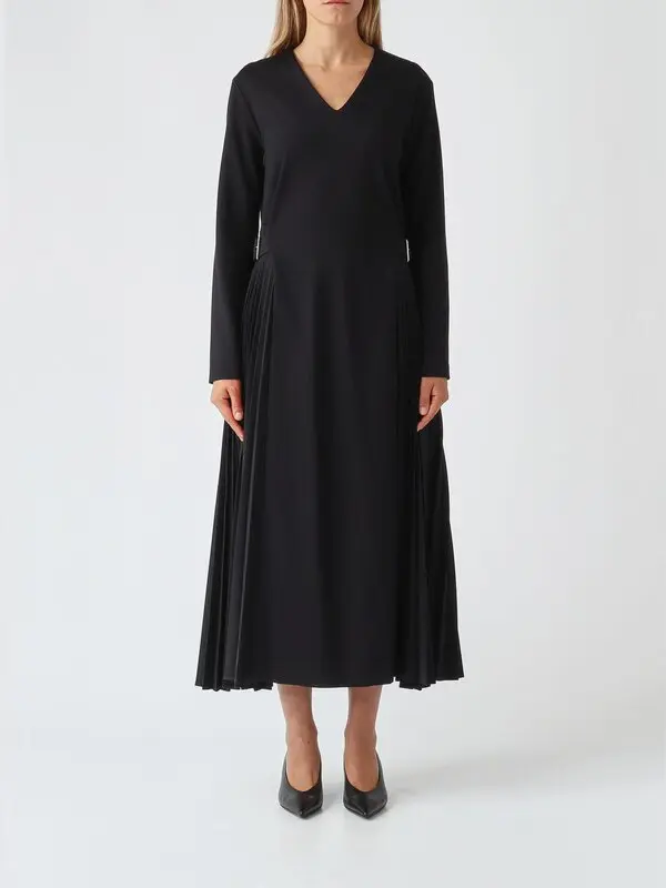MEIMEIJ Pleated Viscose A-line Midi Dress With V-neck - Black